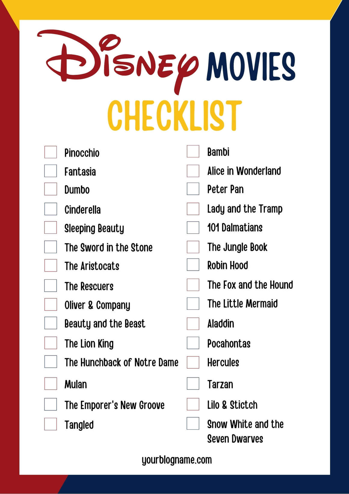 Disney Movie List Printable